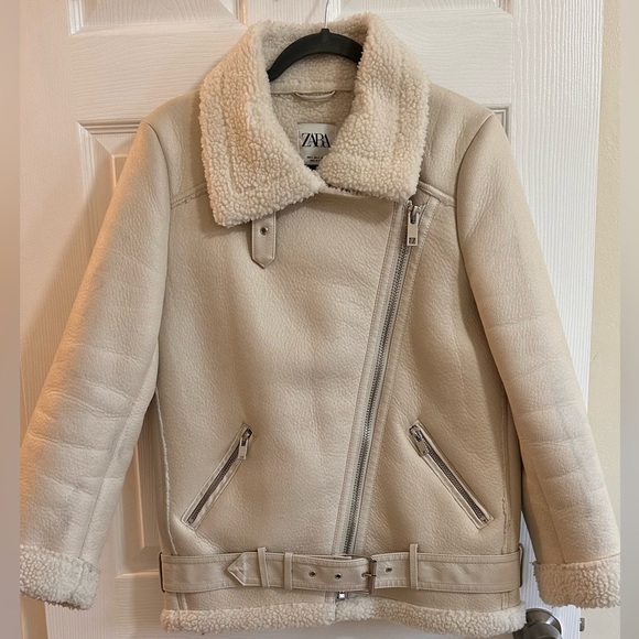 Zara | Jackets & Coats | Zara Off White Over Sized Biker Jacket With ...